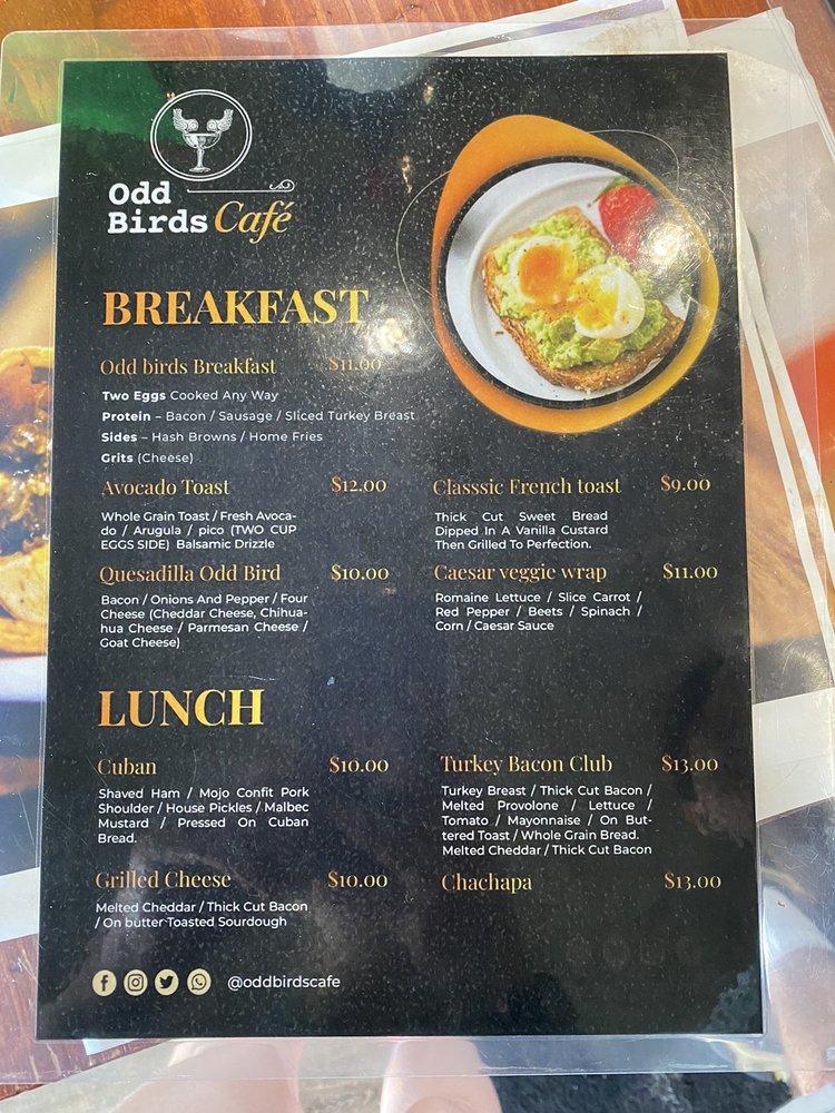 Menu at Odd Birds Cafe, St. Augustine