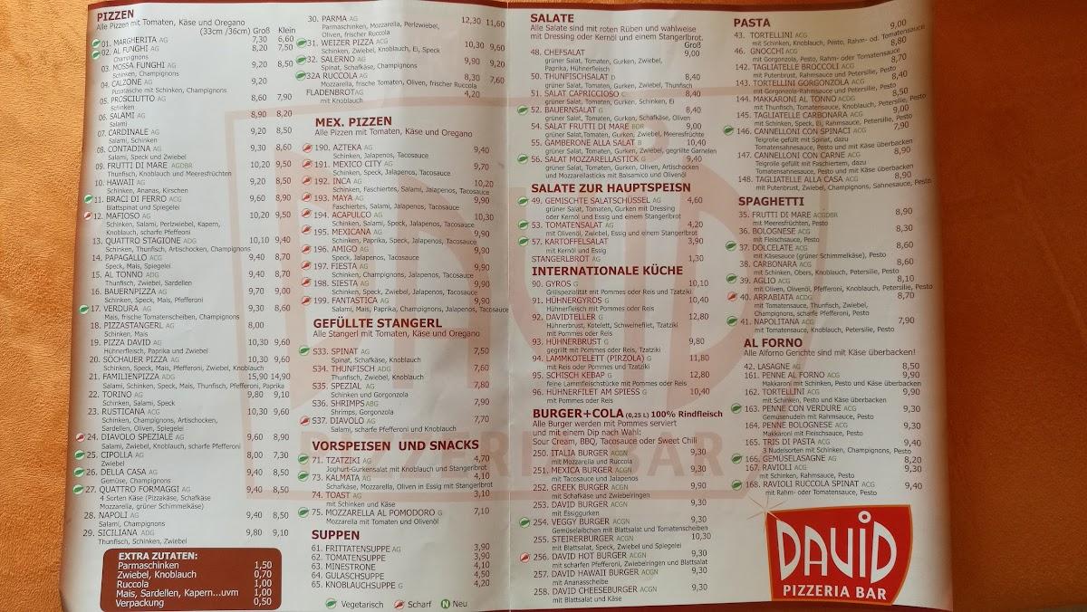 Speisekarte von Pizzeria David, Hartberg, Michaeligasse 12