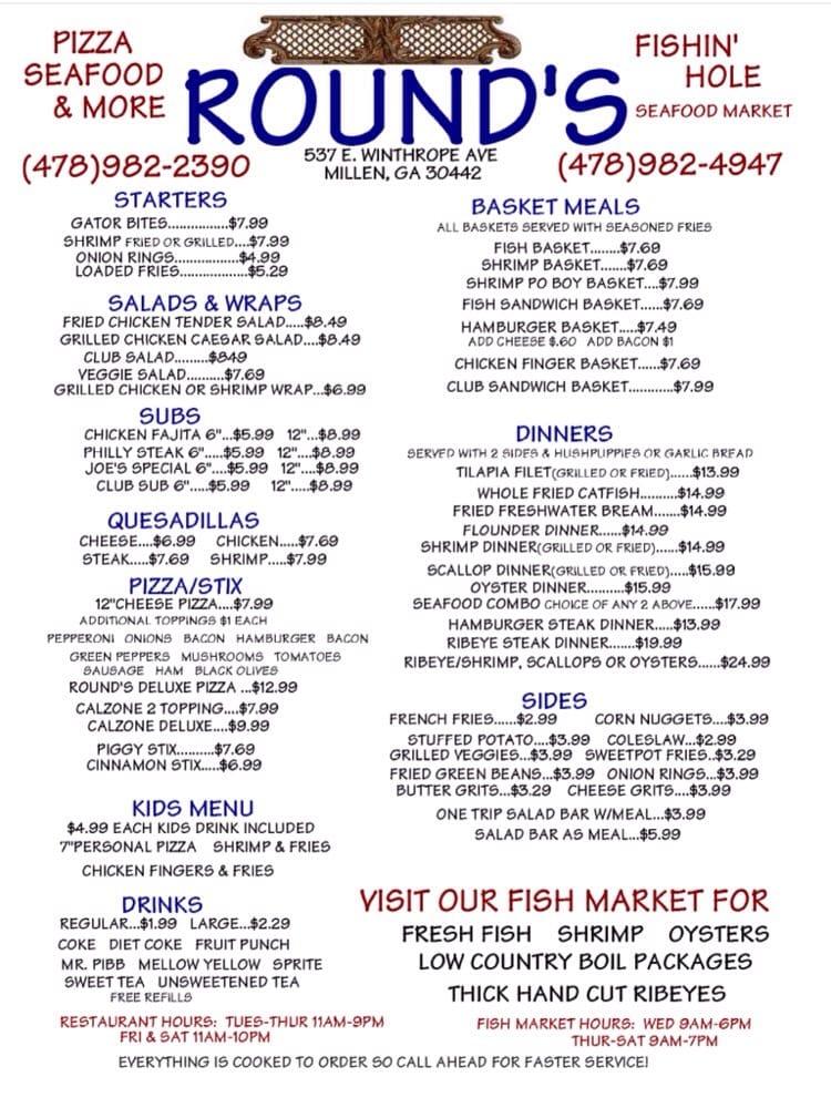 Menu at Round’s On Winthrope pizzeria, Millen