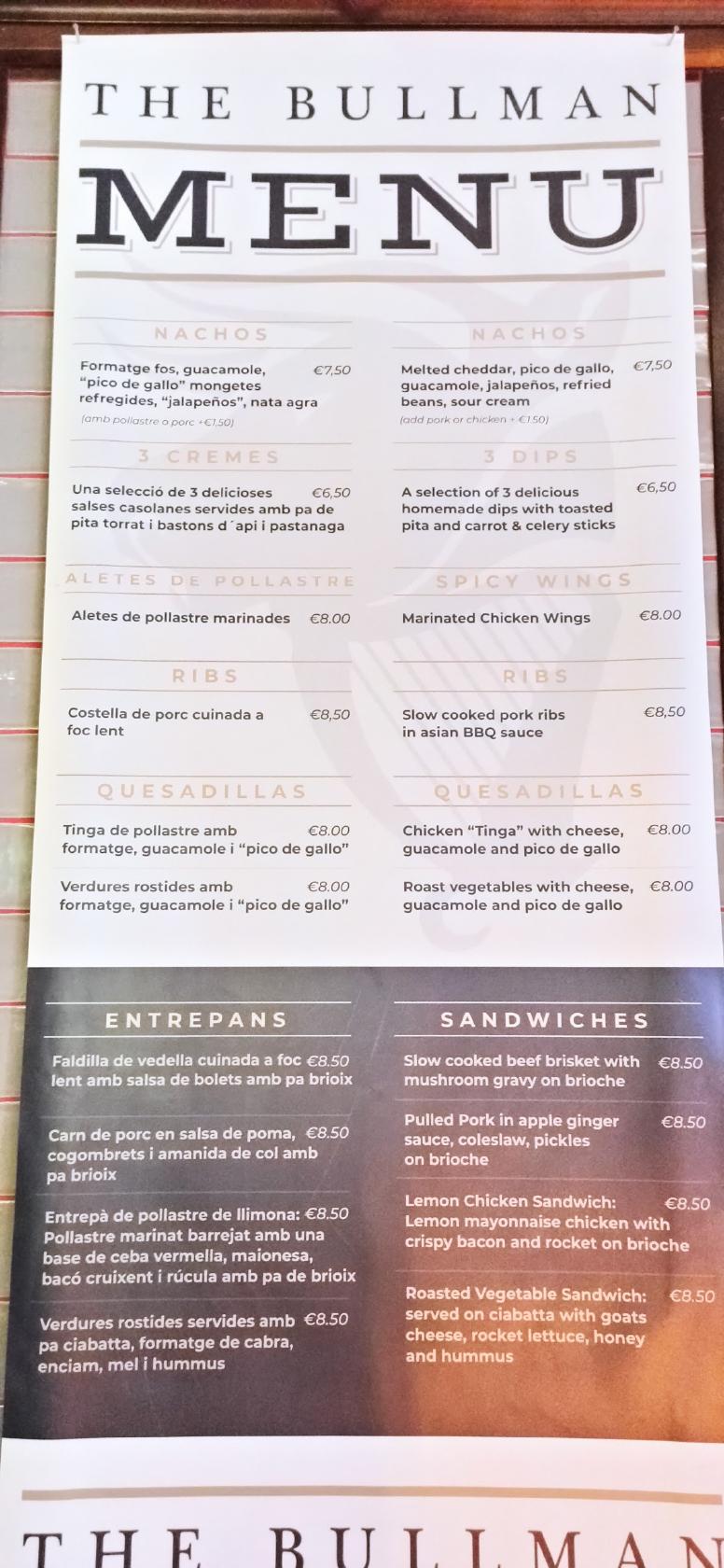 Menu at The Bullman pub & bar, Barcelona