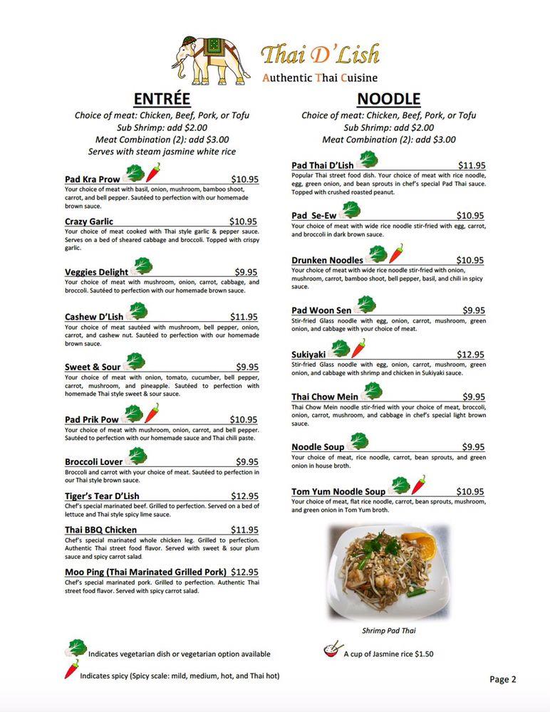 Menu at Thai D'Lish restaurant, Quincy