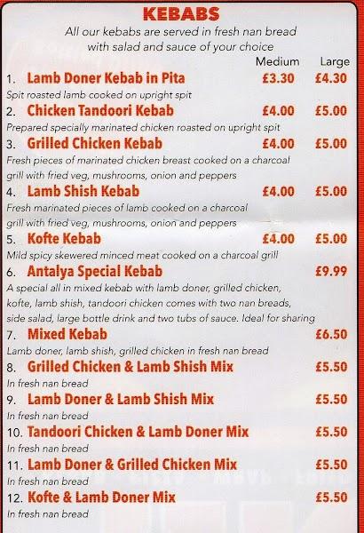 Menu at antalya restaurant, Blackpool