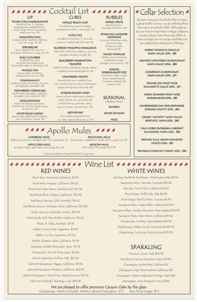 Menu at Apollo Grill pub & bar, Bethlehem