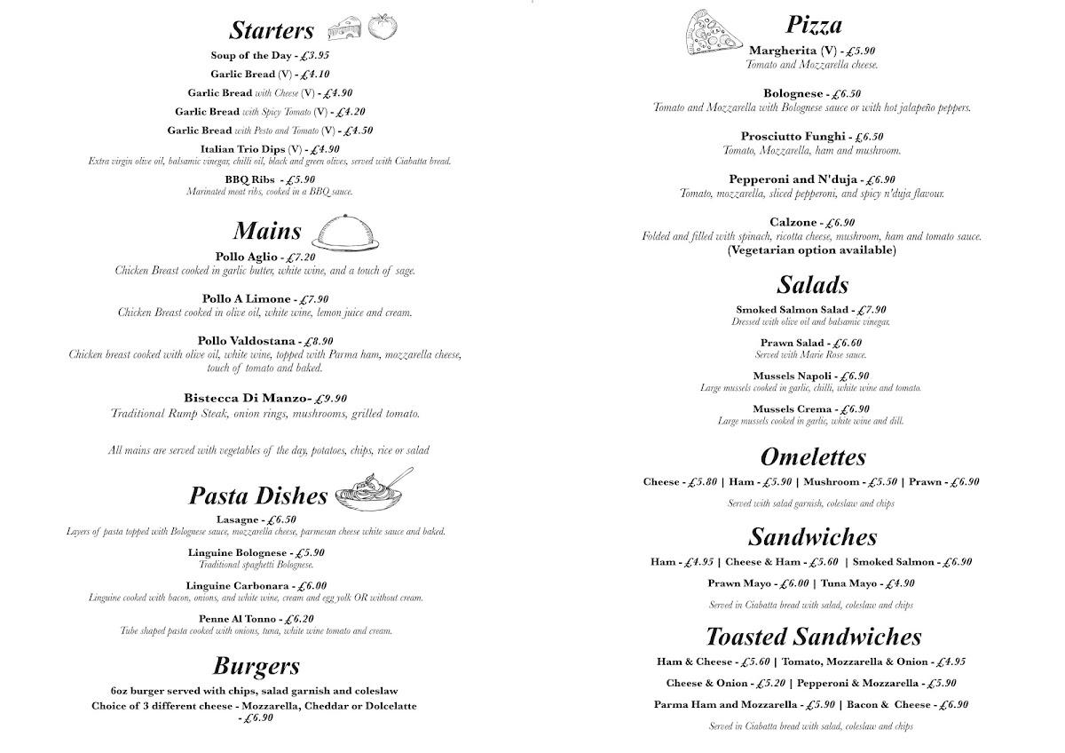 Carta de Bella Rosa Italian Restaurant, Anlaby with Anlaby Common