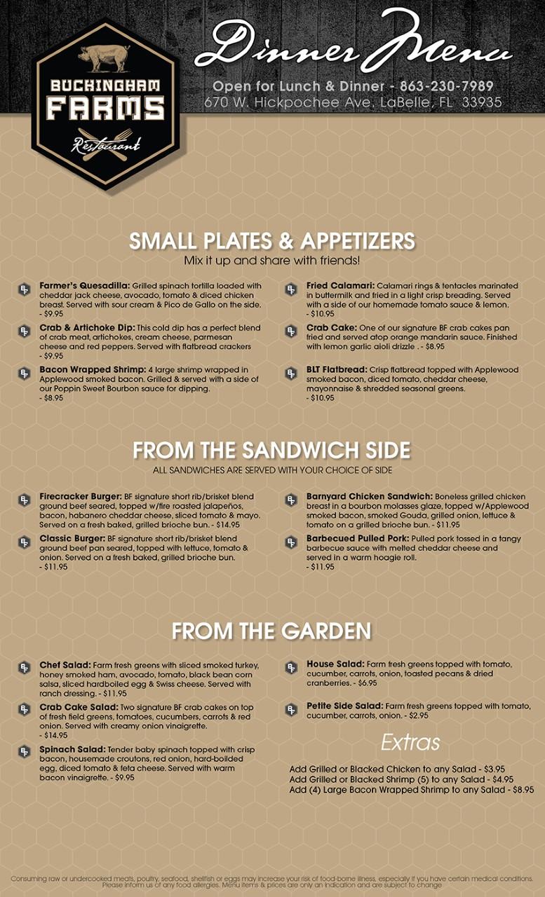 Menu at Buckingham Farms Labelle restaurant, LaBelle