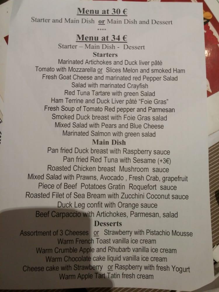 Menu at De la Tour restaurant, Paris, 6 Rue Desaix