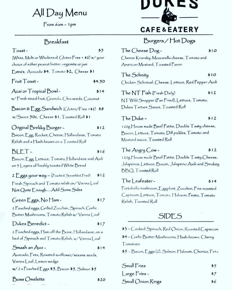 Menu at Dukes Cafe + Eatery, Darwin City