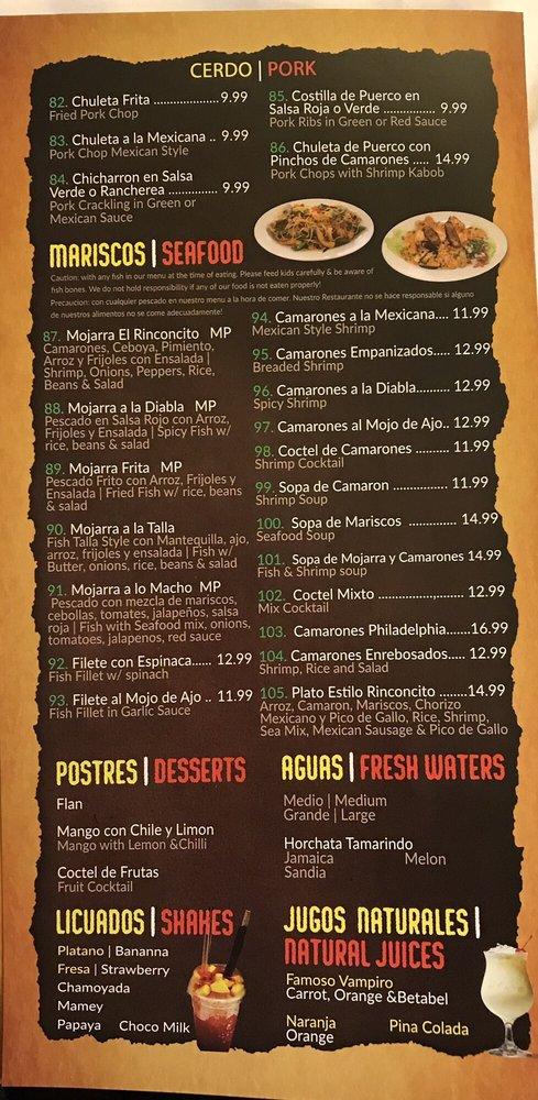 Menu at El Rinconcito Mexicano restaurant, New Brunswick