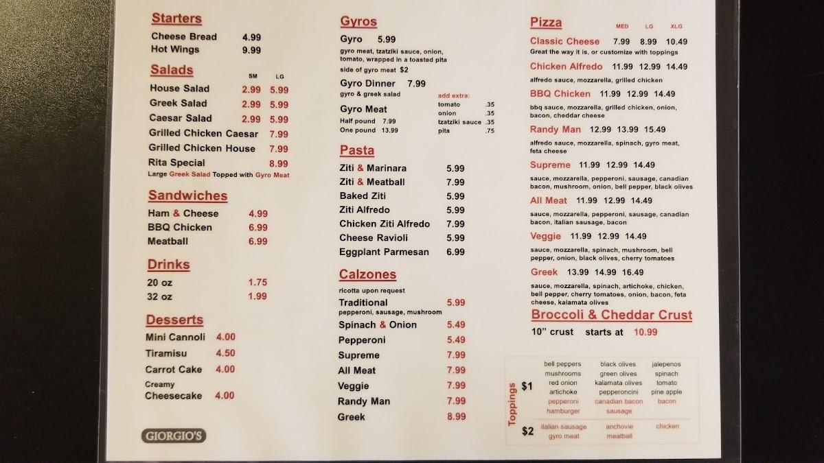 Menu at Giorgio's Pizzeria, Shawnee