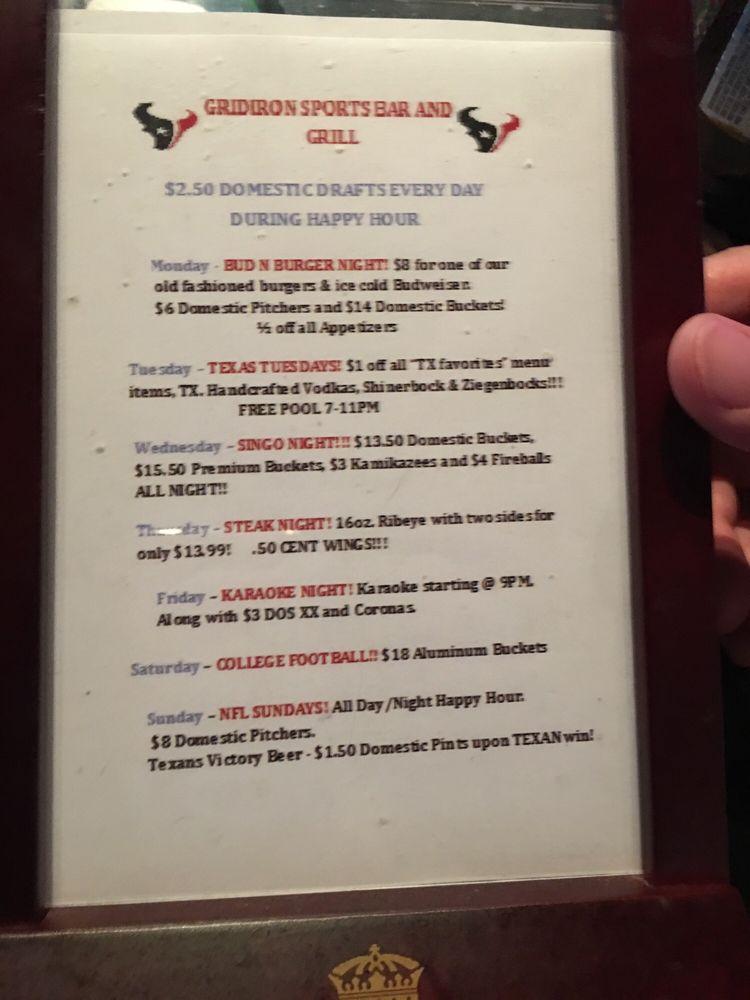 Menu at Gridiron Bar & Grill, Sugar Land, Hwy 6