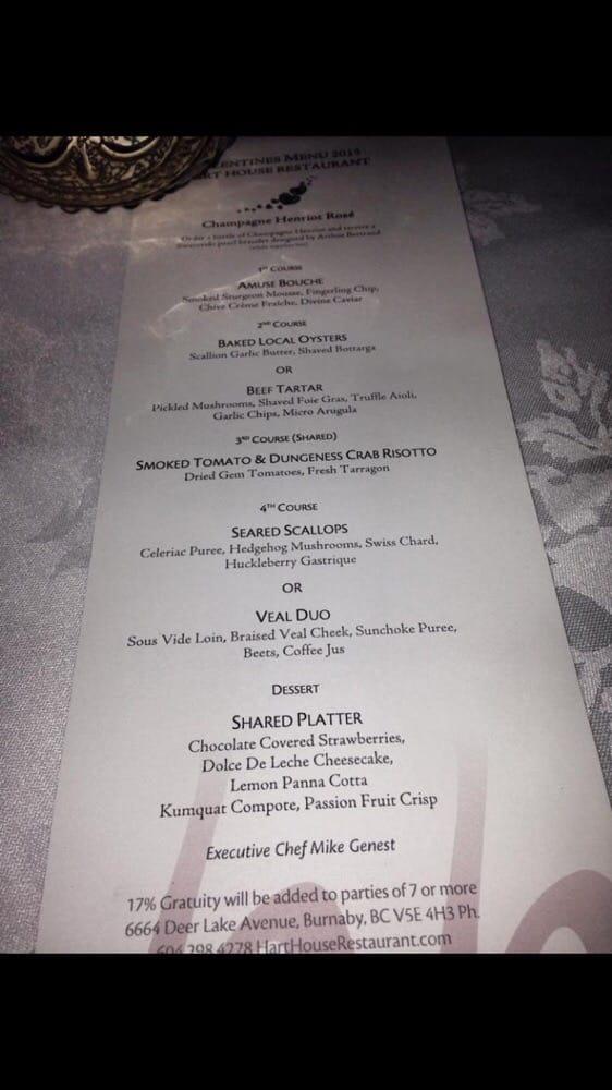 Menu at Hart House Restaurant, Burnaby