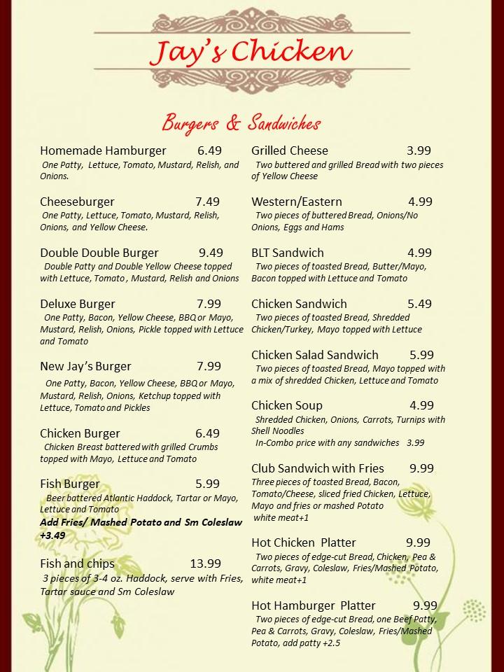 Menu at Jay's Chicken and Ribs restaurant, Glace Bay