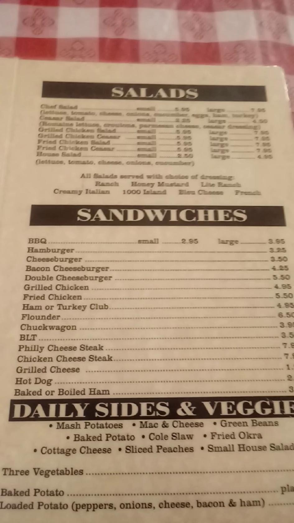 Menu at Matty's restaurant, Elkin