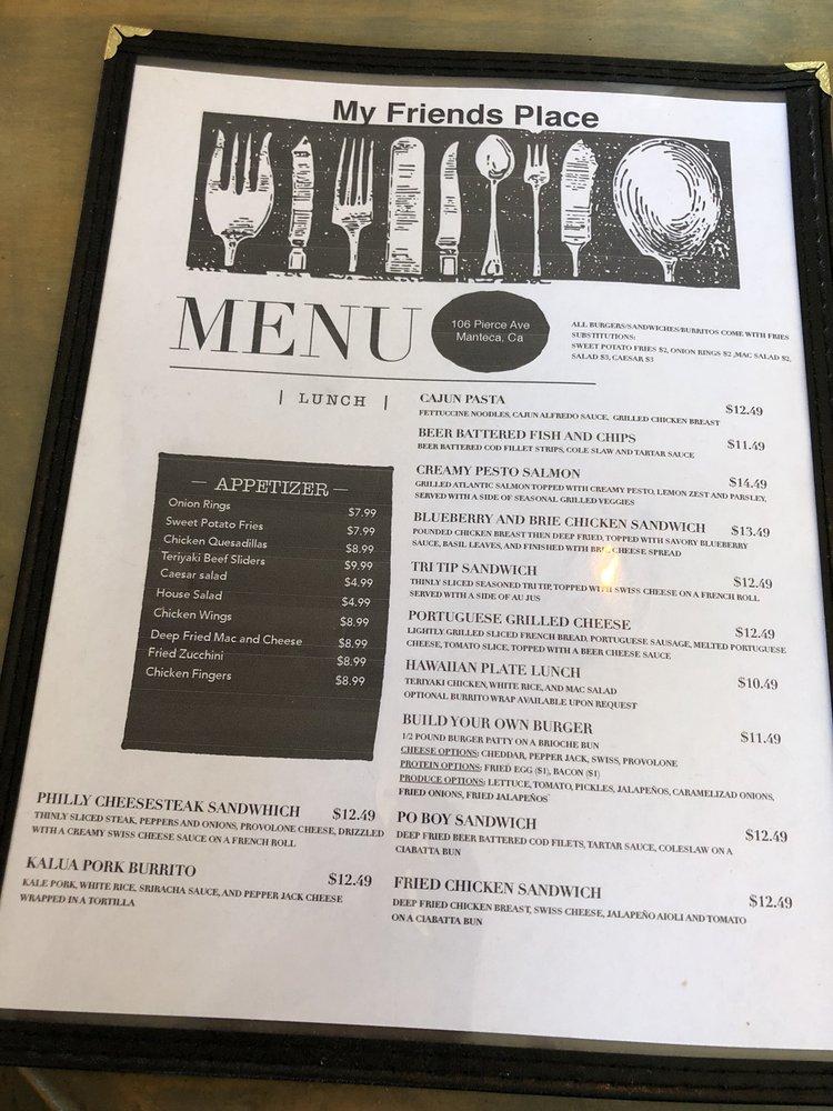 Menu at My Friends Place restaurant, Manteca