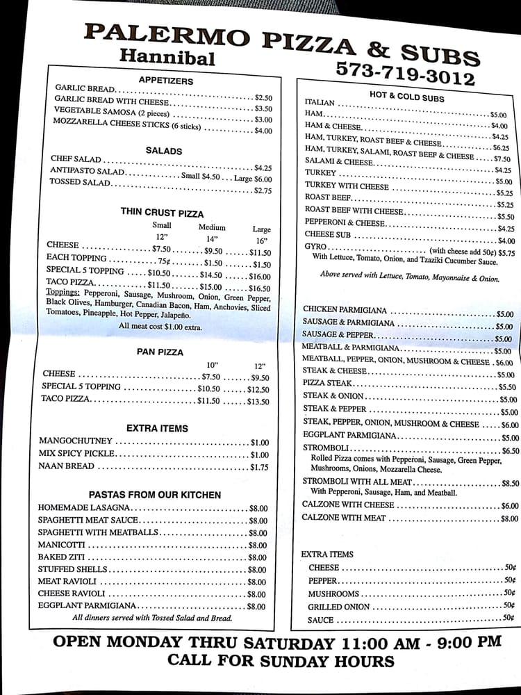 Menu at Palermo Pizza & Subs restaurant, Hannibal