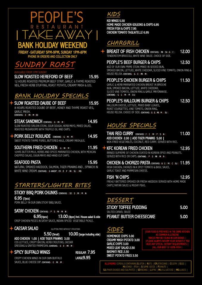 Carta de People's Restaurant, Cavan