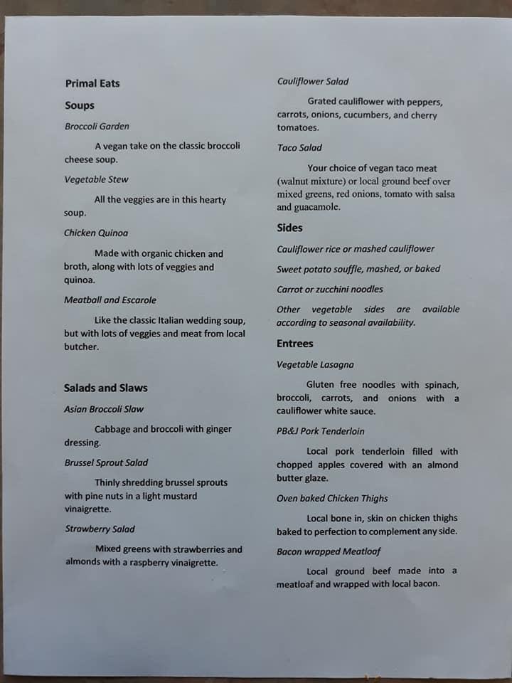Menu at Primal Eats, Altoona