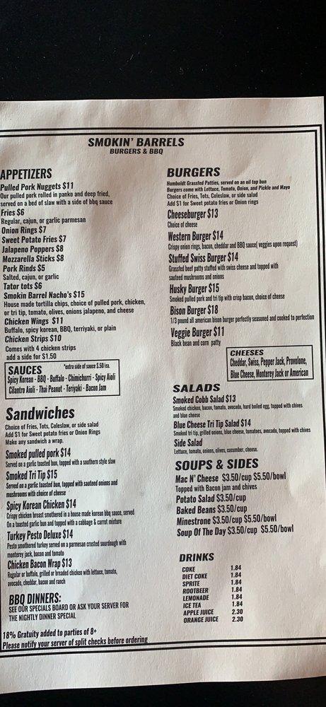 Menu at Smokin barrels burgers & bbq, Fortuna