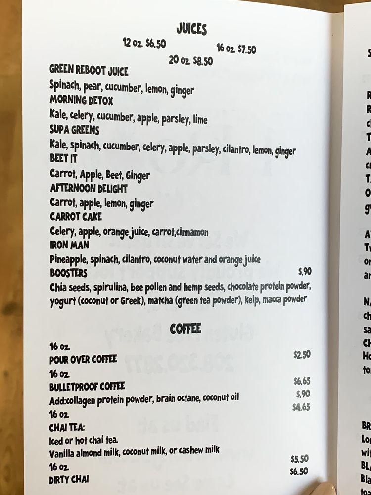 Menu at 4 Roots Juice Bar & Gluten Free Cafe, Twin Falls