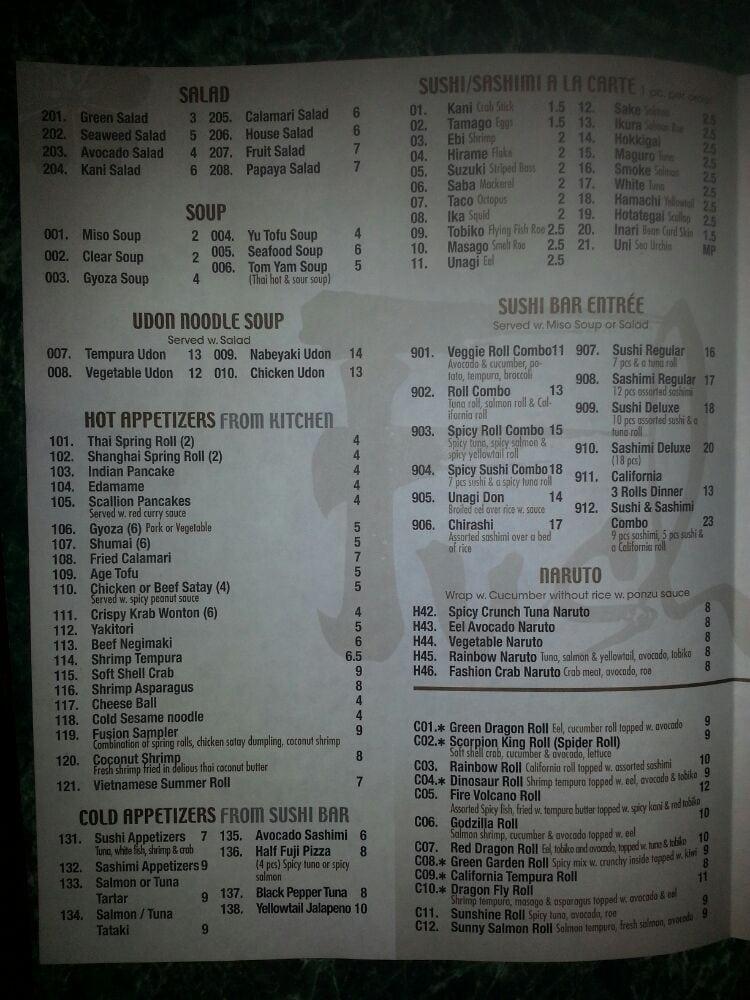 Menu at Fushimi Asian Fusion restaurant, Vestal