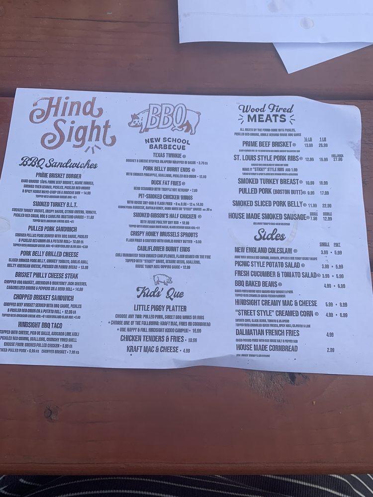 Menu at Hindsight BBQ, Waterbury