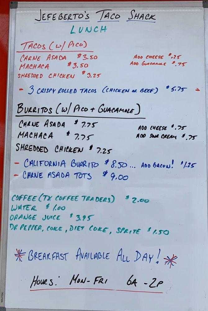Menu at Jefeberto’s Taco Shack, Austin