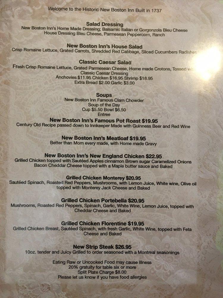 Menu at New Boston Inn restaurant, Sandisfield