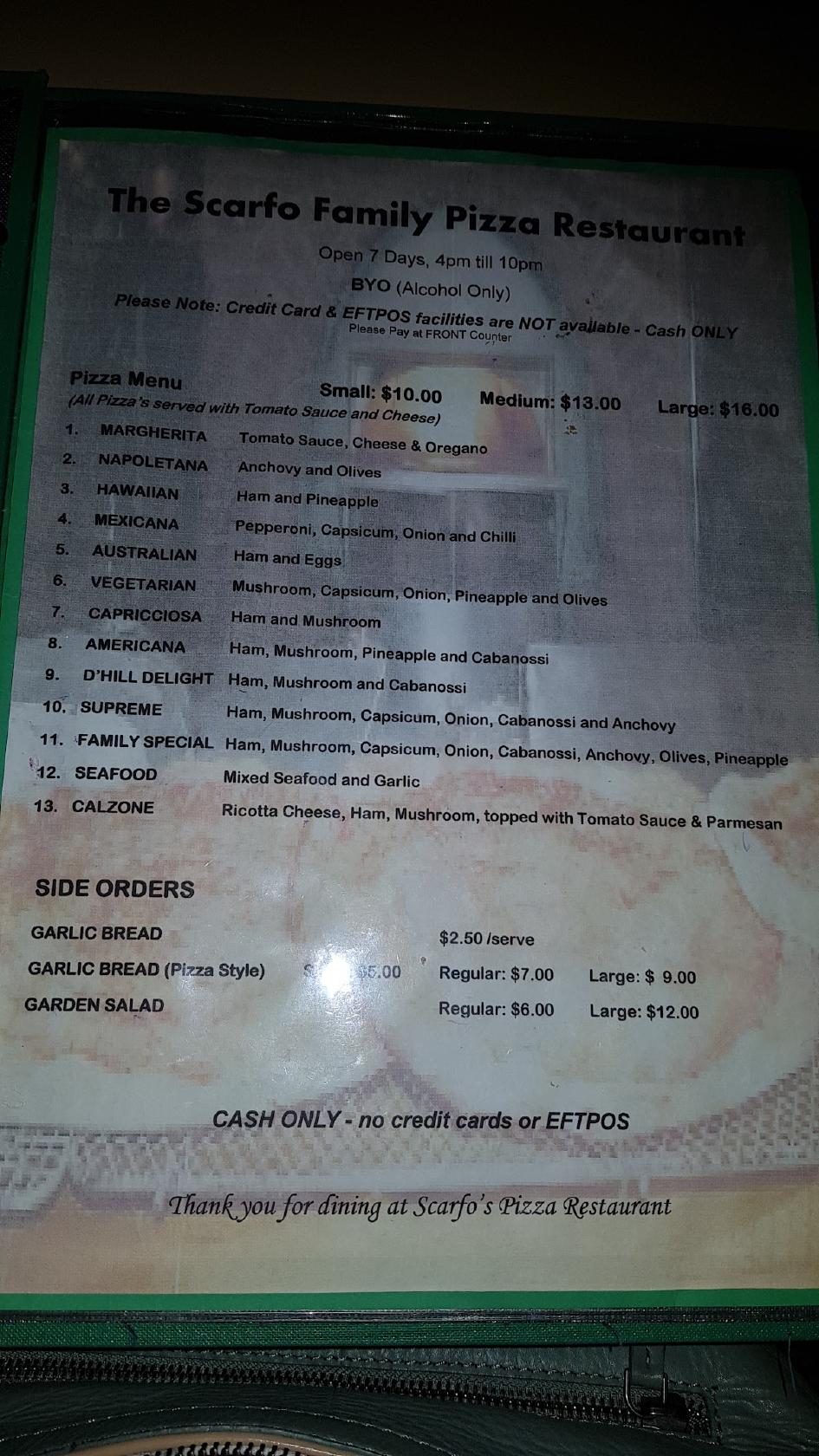Menu at Scarfo Family Pizza Restaurant, Dulwich Hill
