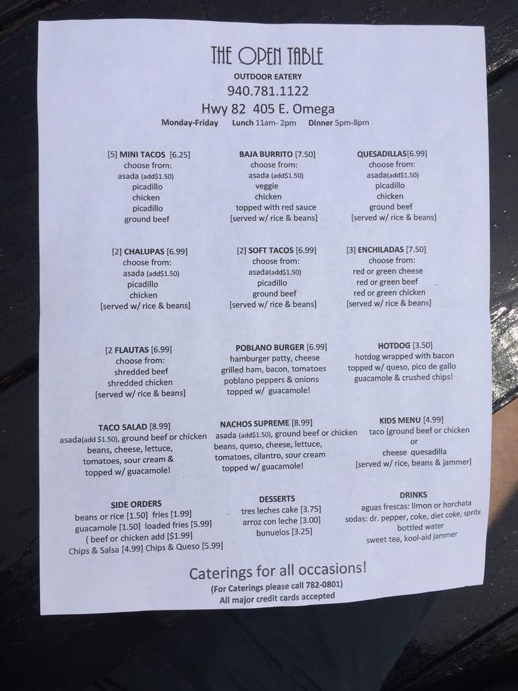 Menu at The Open Table Outdoor Eatery On Main St restaurant, Henrietta ...
