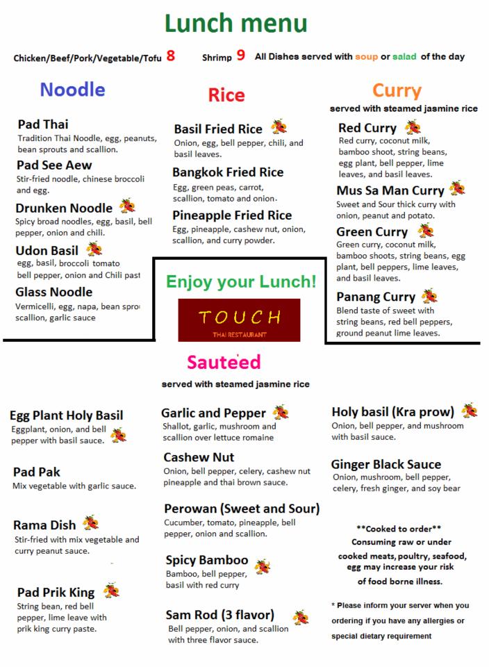 Menu at Touch Thai Restaurant, Bethlehem