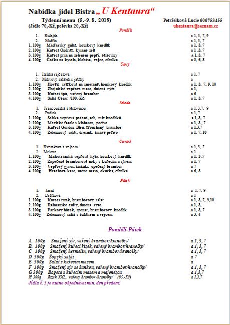 Menu at Bistro U Kentaura restaurant, Pilsen, Poděbradova 415/12