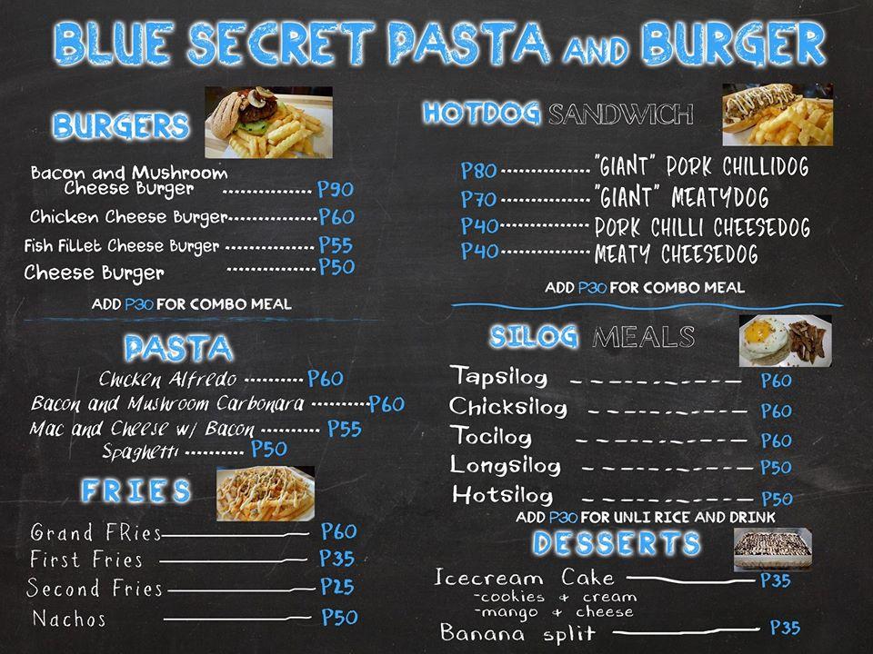 Menu at Blue Secret Pasta & Burger restaurant, Calamba