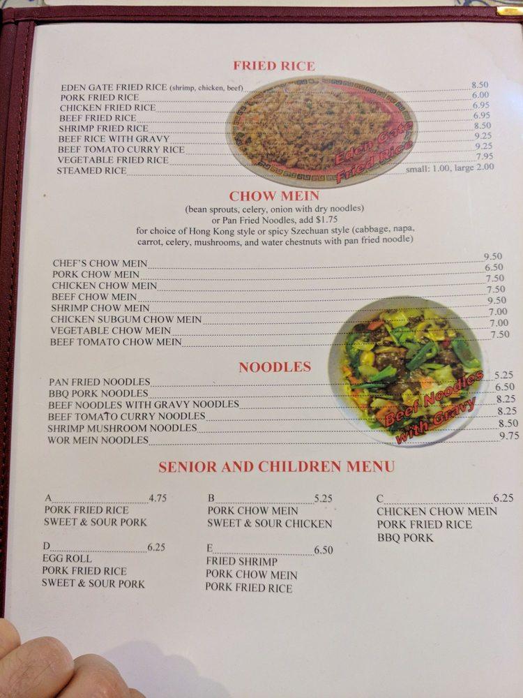Menu at Eden Gate Chinese Restaurant open 11am-9pm daily lounge open ...
