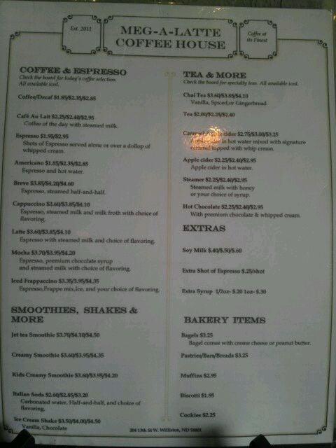 Menu at Meg-A-Latte Coffee House, Williston, 2nd Ave W
