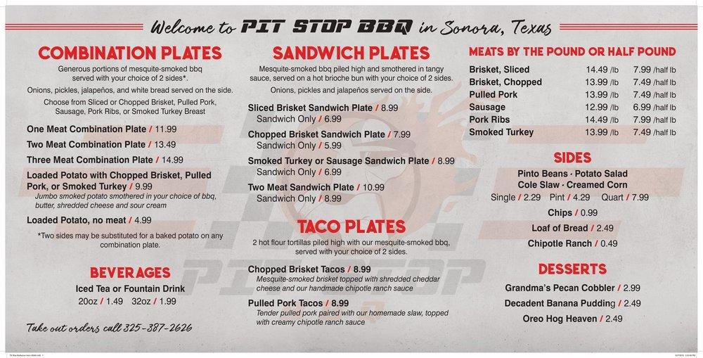 Menu at Pit Stop BBQ, Sonora