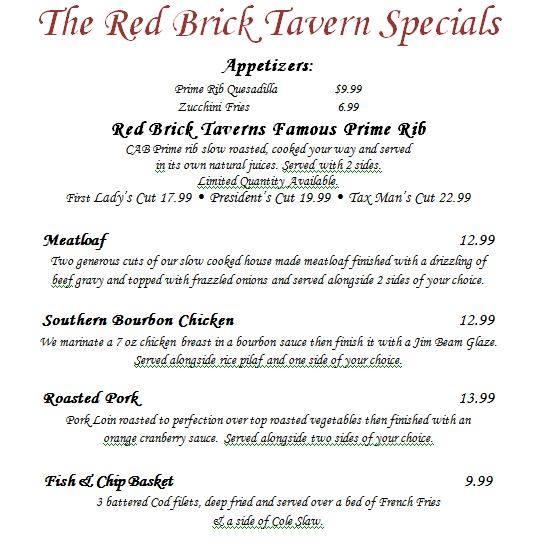 Menu at Red Brick Tavern pub & bar, London, Cumberland St