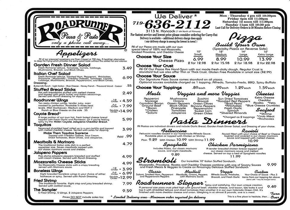 Menu at Roadrunner Pizza & Pasta pizzeria, Colorado Springs, N Hancock Ave