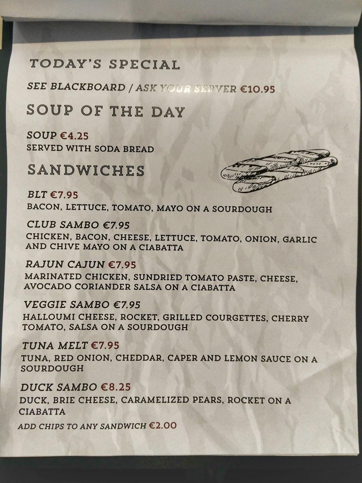 Menu at The Full Duck Cafe, Galway