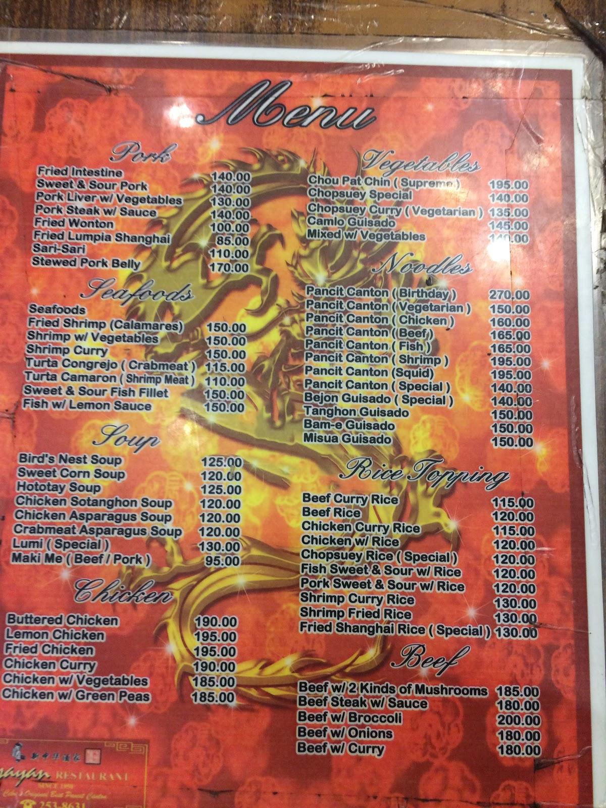 Menu at Visayan Restaurant, Cebu City