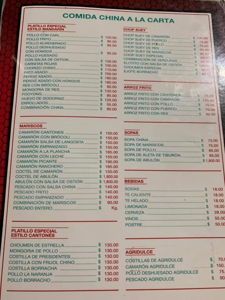 Carta de Restaurant Choy Li Yuan, Hermosillo