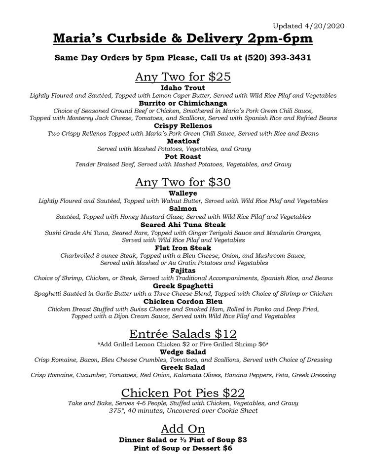 Menu at Maria's The Gathering Place restaurant, Green Valley