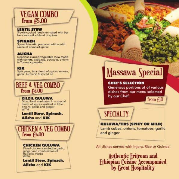 Carta de Massawa Eritrean Restaurant, Londres