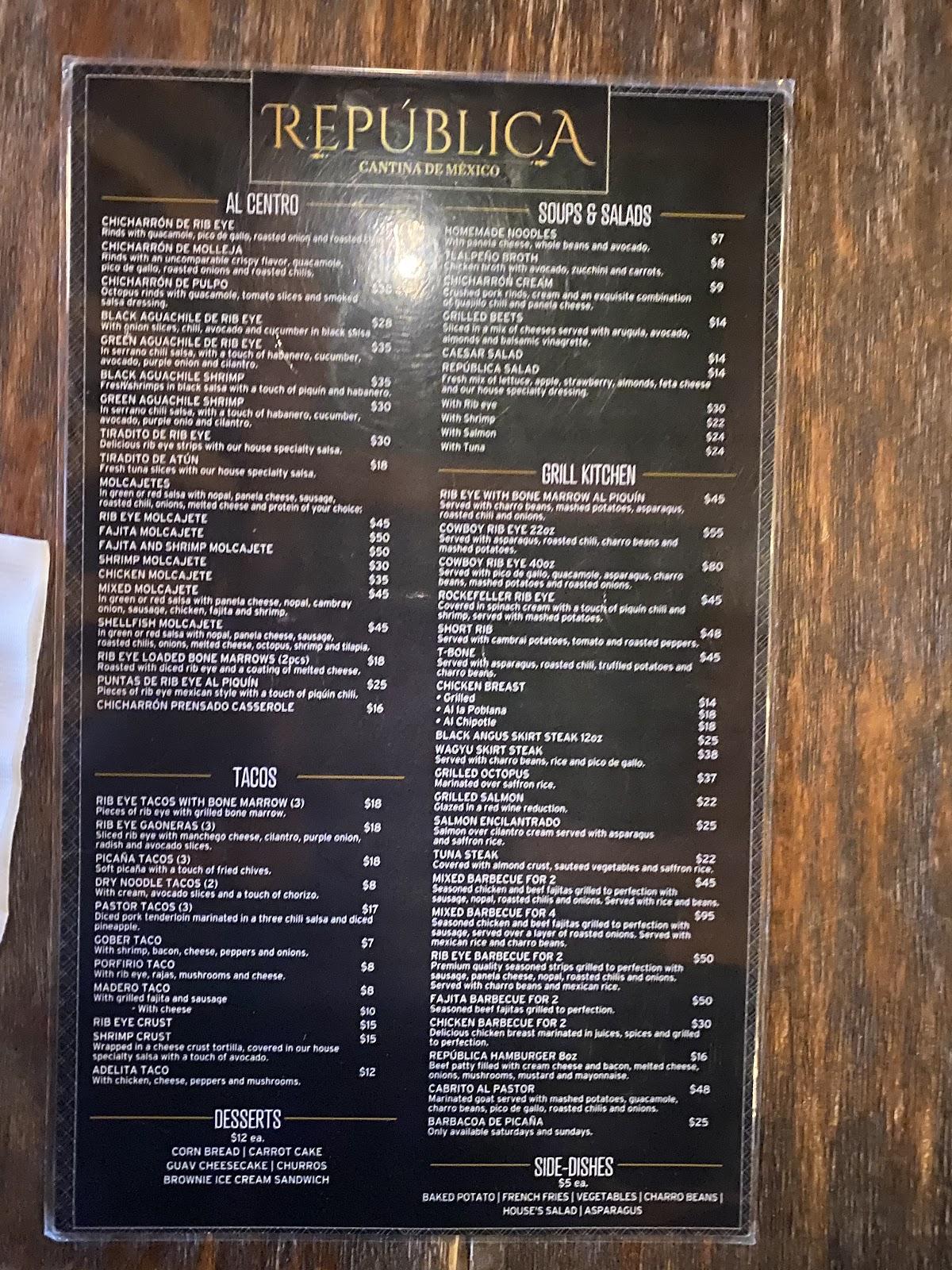 Carta del restaurante República cantina del México, Laredo
