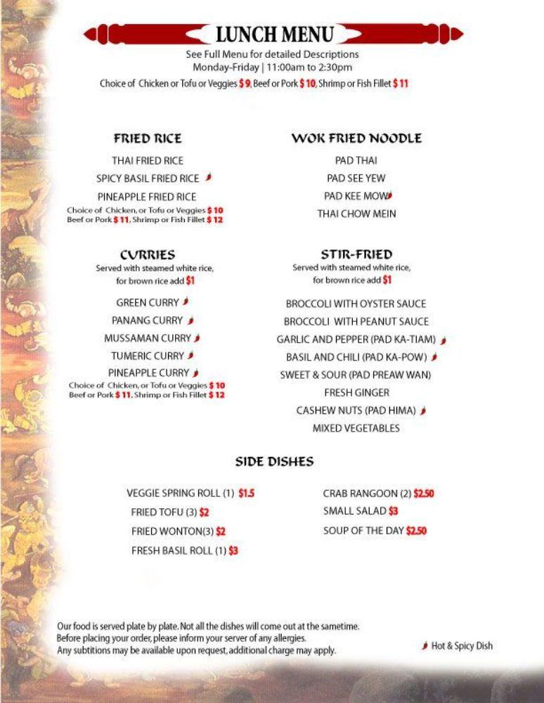 Menu at Thai Basil restaurant, Black Mountain