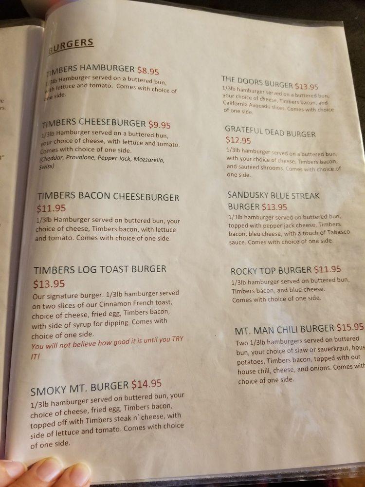 Menu at Timbers Log Cabin Restaurant, Gatlinburg, 600 Glades Rd #10
