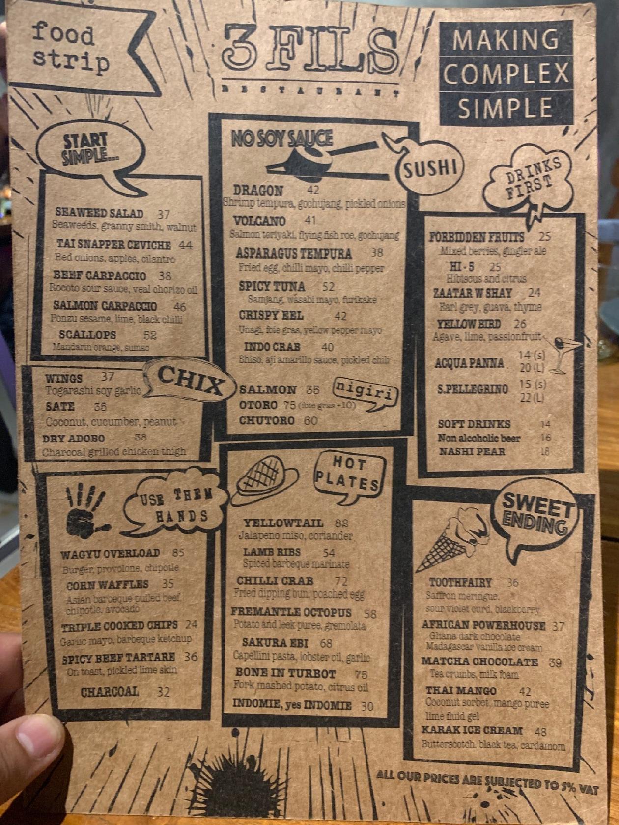 Carta del restaurante 3 Fils, Dubai