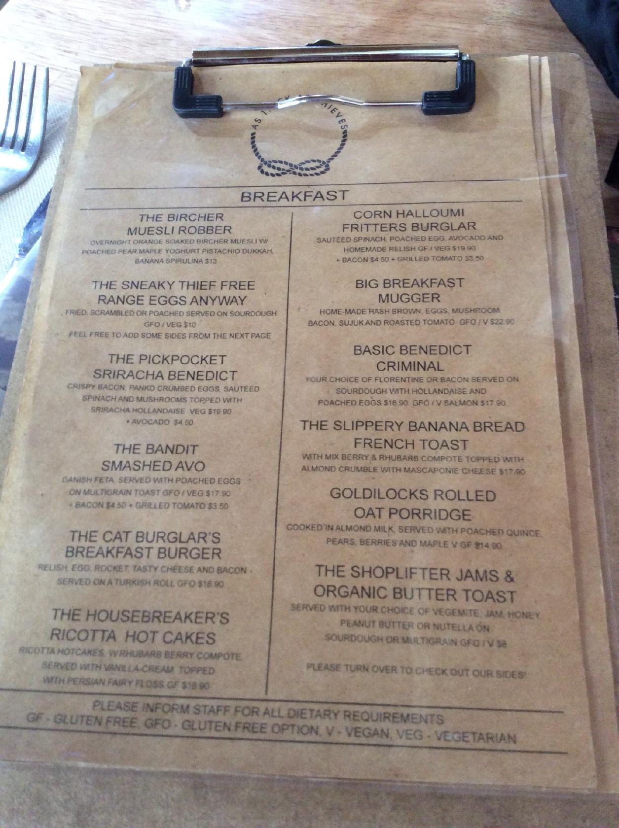 Menu at As Thick As Thieves cafe, Albury