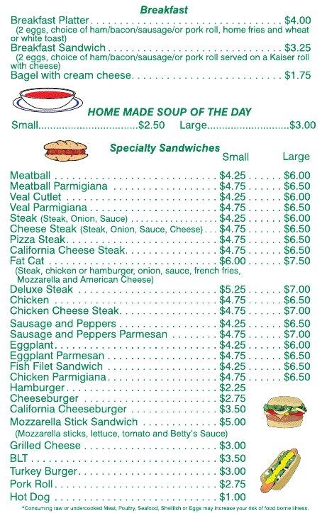 Menu at Betty's Luncheon restaurant, Easton