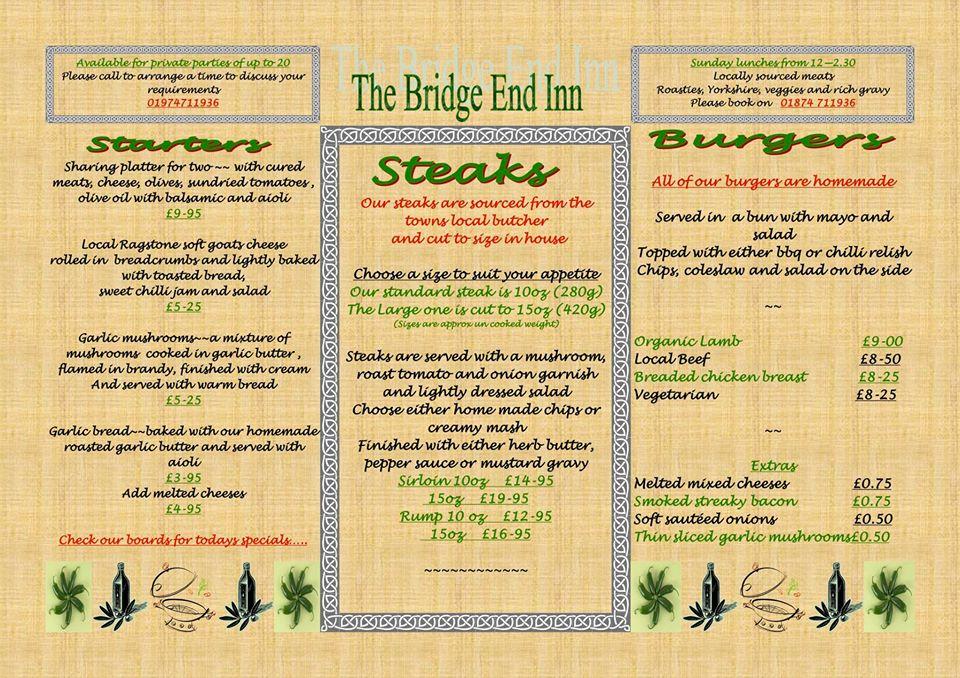 Menu at Bridge End Inn pub & bar, Talgarth