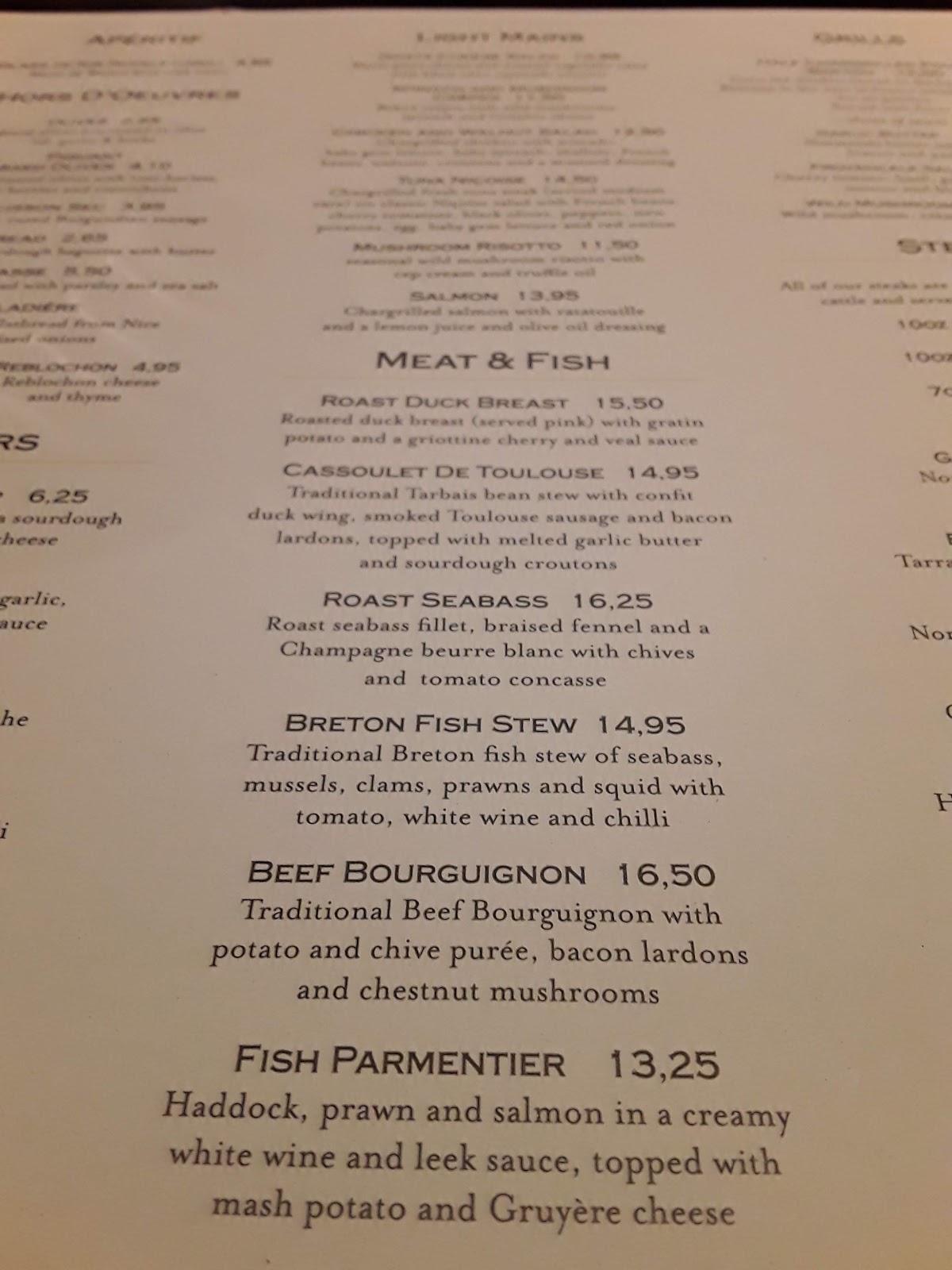 Menu at Côte Barbican, London, 57 Whitecross St